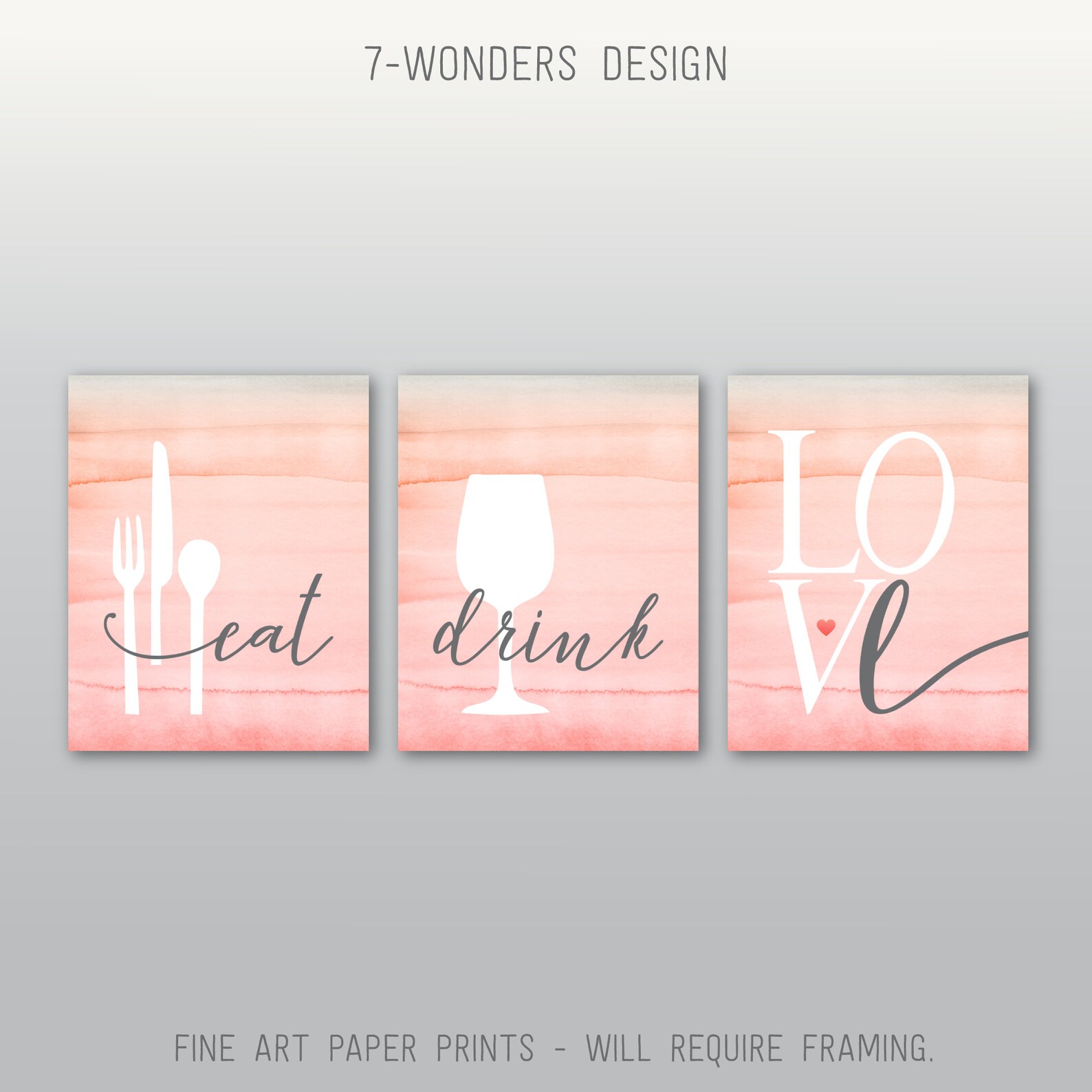 Kitchen Wall Art Print Set Eat Drink Love Utensils Wine Pink | Etsy