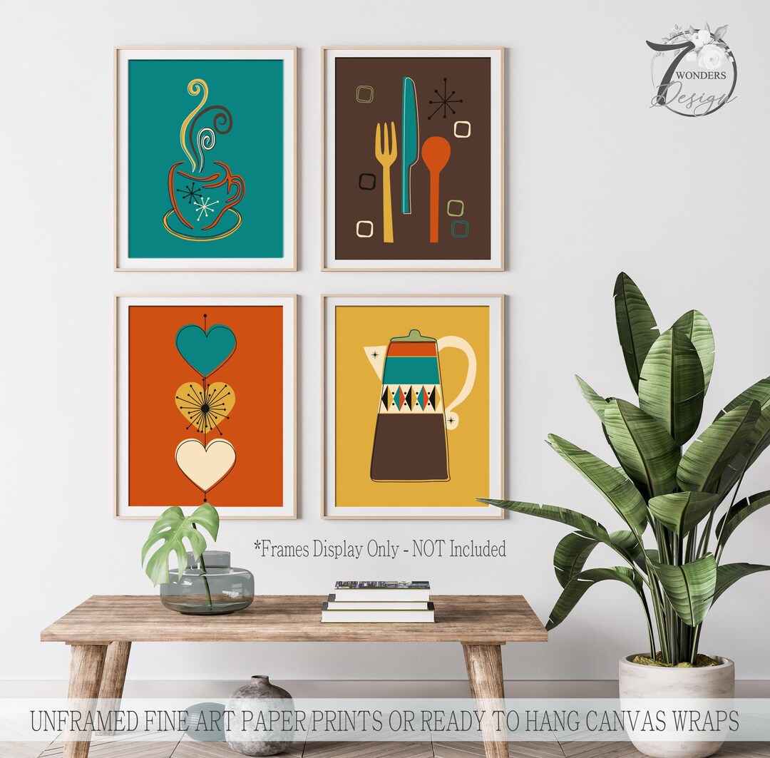 Mid-century Retro Kitchen Art Prints Coffee Theme Utensils Hearts Teal ...