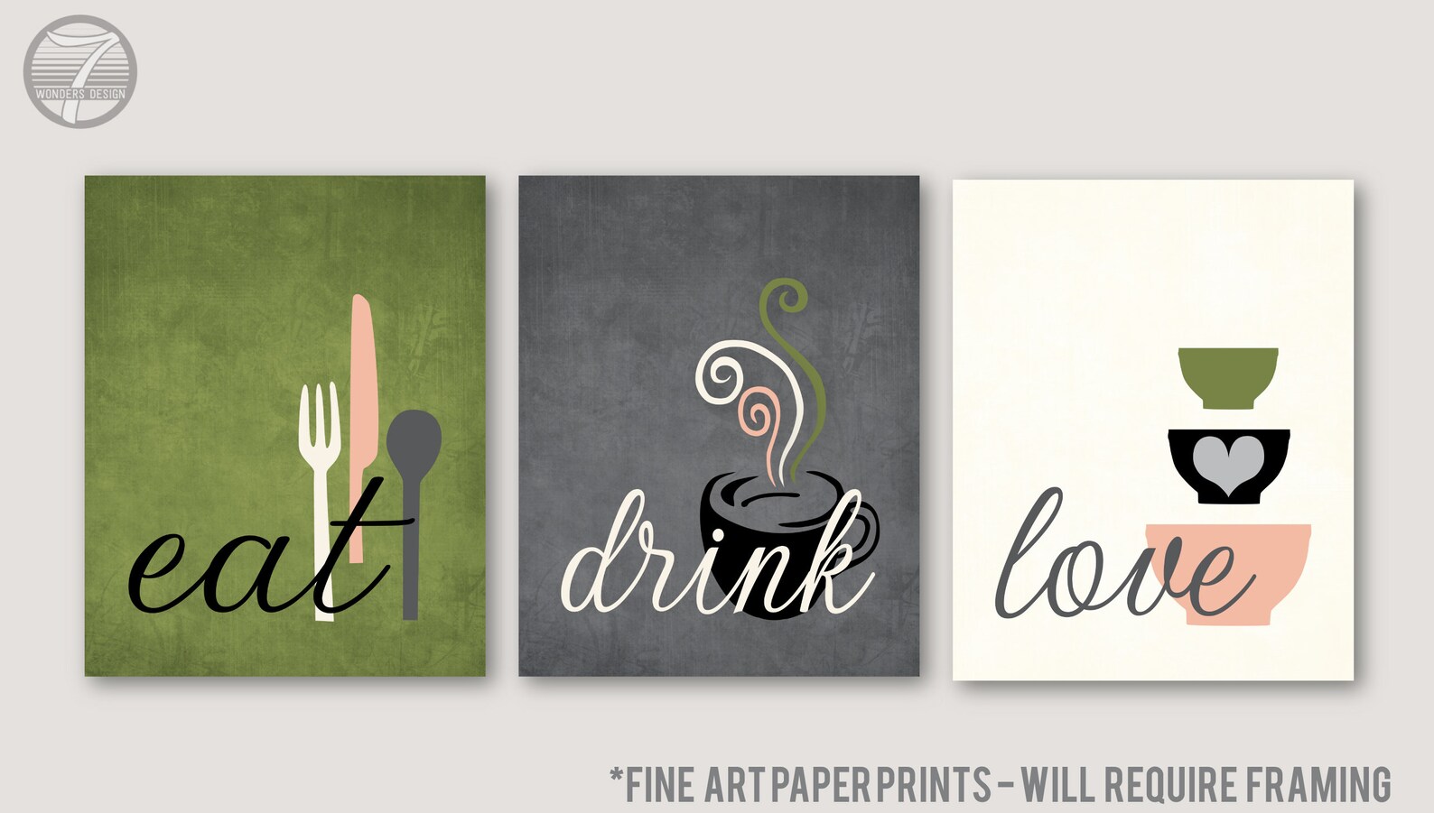 Kitchen Wall Art Print Set Eat Drink Love Peach Olive - Etsy