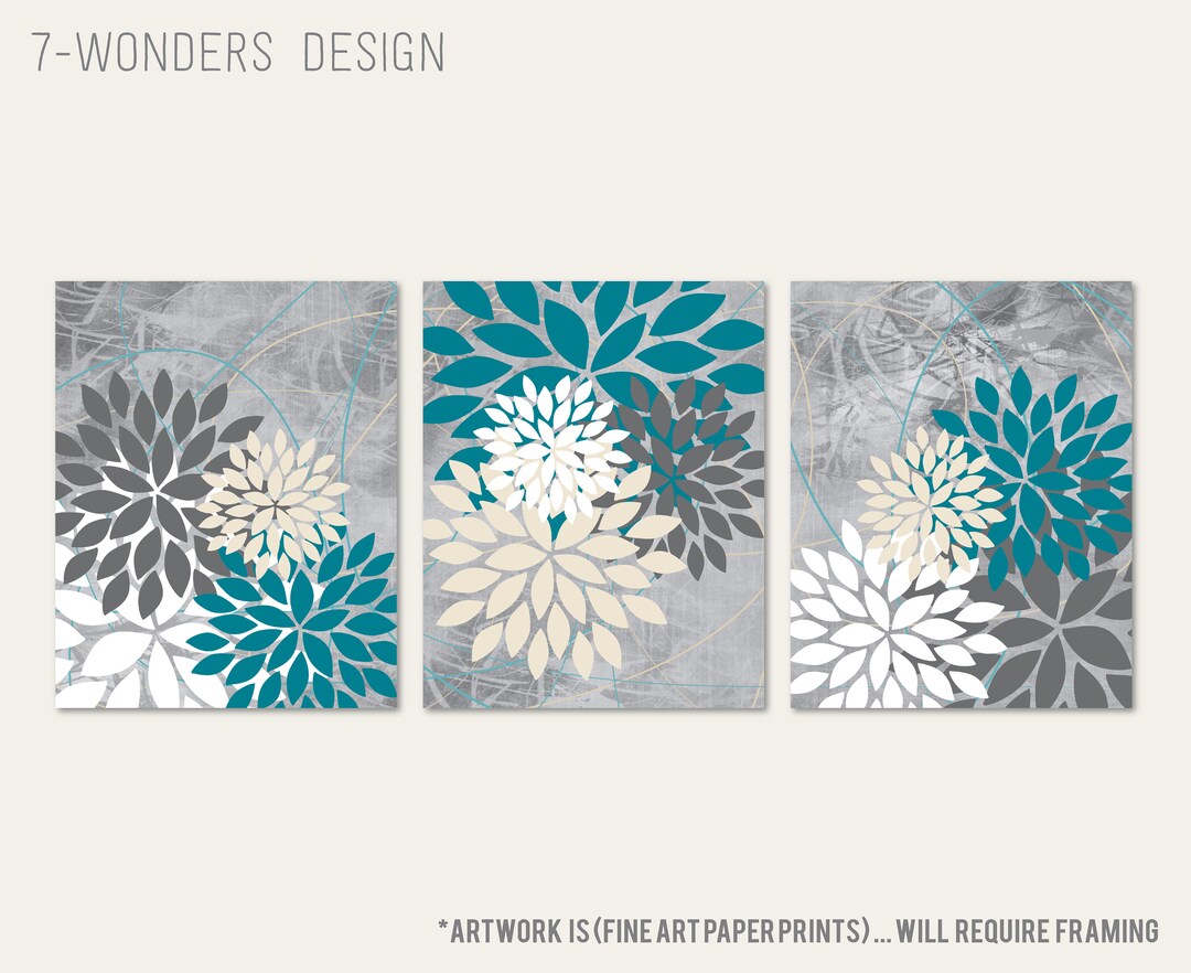 Floral Bursts Distressed Texture Wall Art Prints, Sea Blue, Gray, White ...