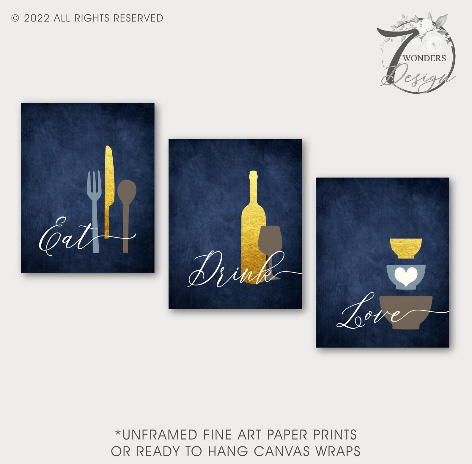 Kitchen Wall Art Set Eat Drink Love Utensils Wine Bowls Navy - Etsy