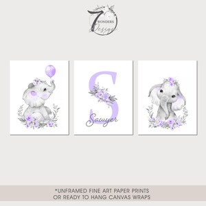 Girls Purple Grey Elephants Watercolor Nursery Name Initial Monogram ...