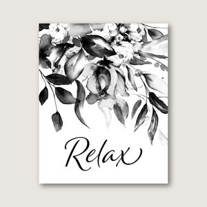 Farmhouse Watercolor Flowers Bathroom Art Relax Soak Unwind Black Gray ...