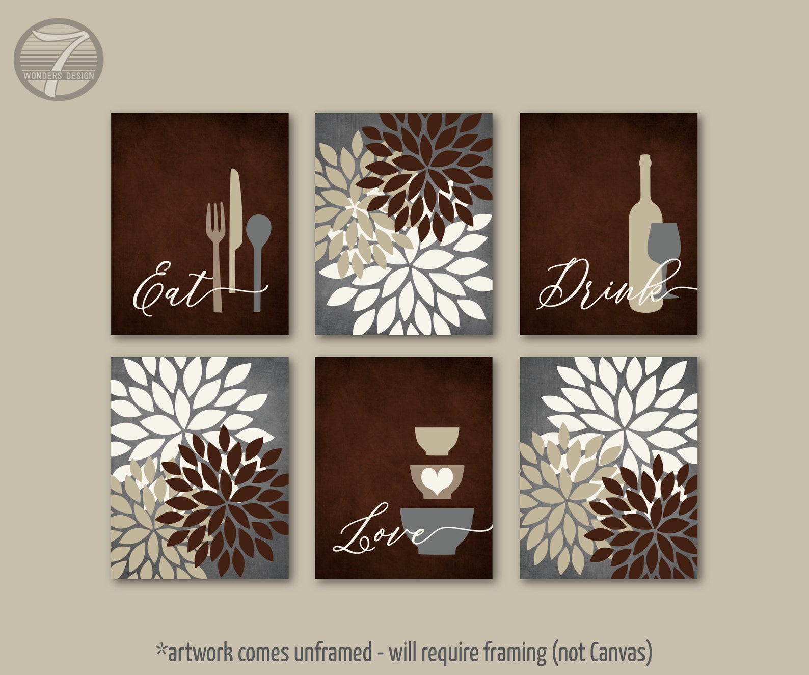 Kitchen Wall Art Print Set Eat Drink Love Flower Bursts - Etsy