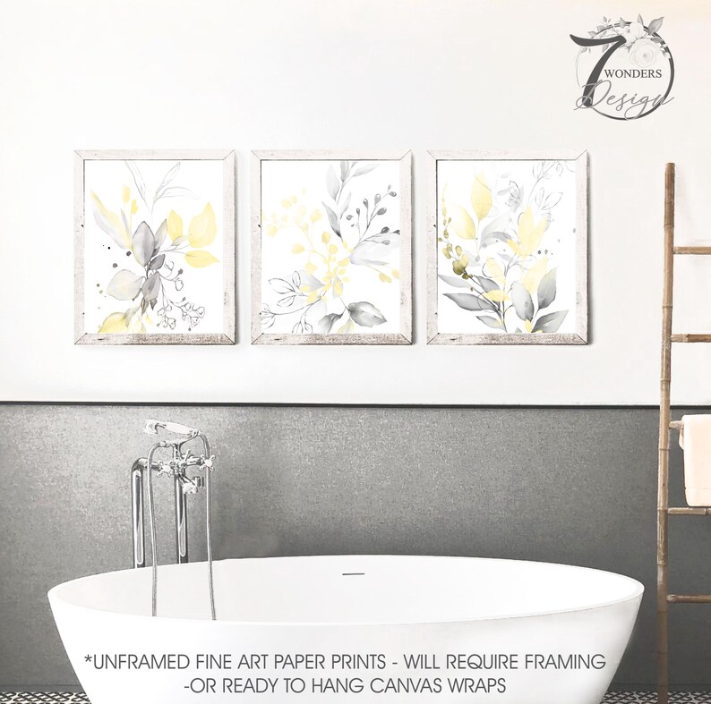Butter Yellow Print, Gray Watercolor Flower Wall Art Botanical Neutral ...