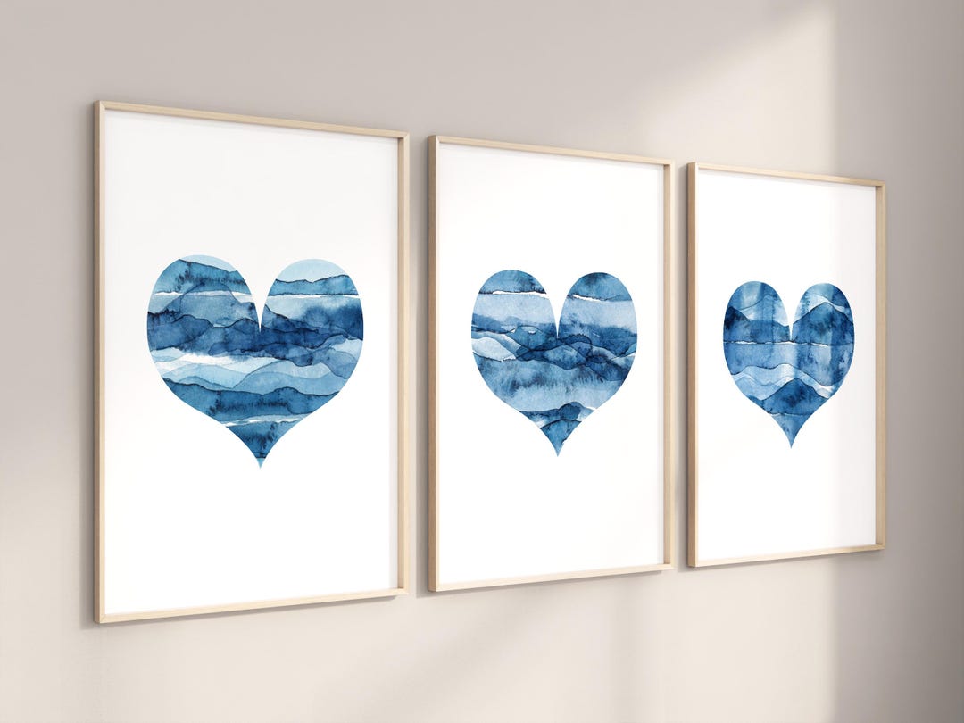 Blue Heart Art, Hearts Set of 3 Prints, Blue Watercolor Abstract Hearts ...