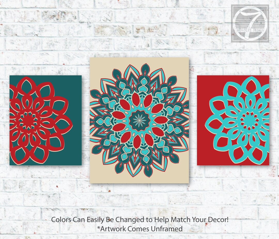Red Turquoise Tan Mandala Flower Art Prints, Floral Geometric Wall Art ...