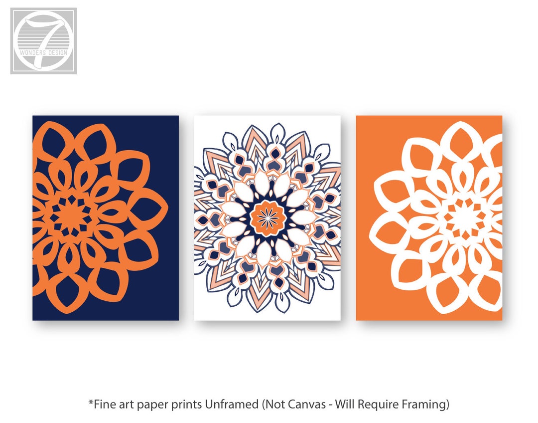 Navy and Orange Artwork, Mandala Flower Art Prints, Floral Geometric ...