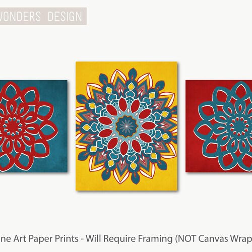 Red Turquoise Tan Mandala Flower Art Prints Floral Geometric - Etsy