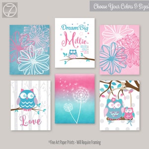 Girls Turquoise Pink Blue Owls Bedroom Art Prints Personalized Name ...
