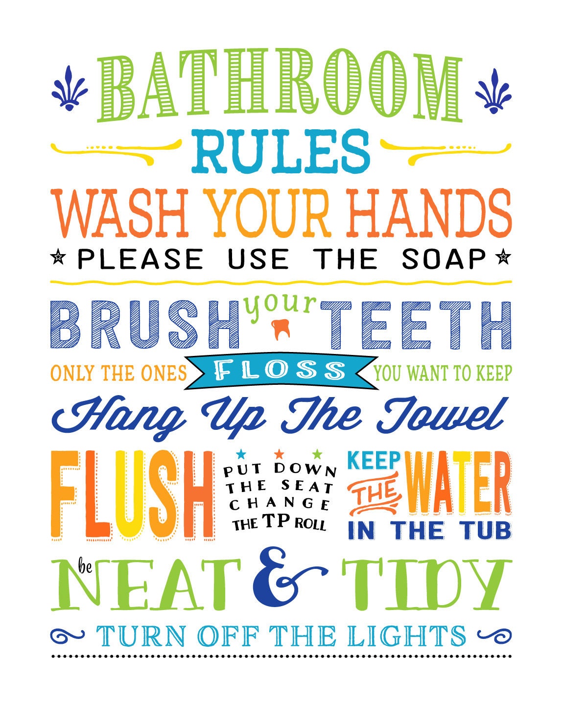 Funny Kids Bathroom Rules Art Print, Pre-teen, Subway Typography Wall ...