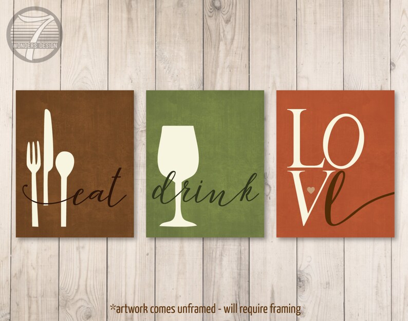 Kitchen Wall Art Print Set Eat Drink Love Utensils Wine // - Etsy