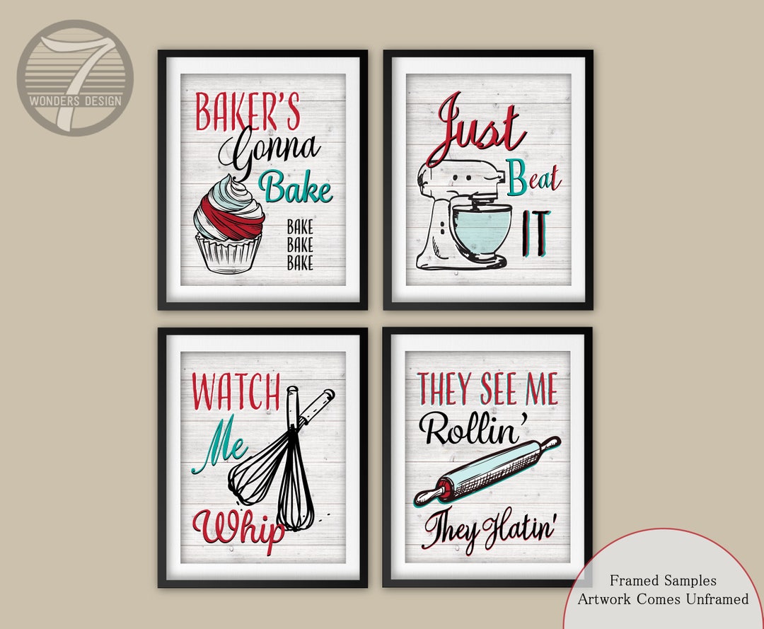 Funny Kitchen Art Set, Red Teal Faux Wood, Cupcake Whisk Rolling Pin ...