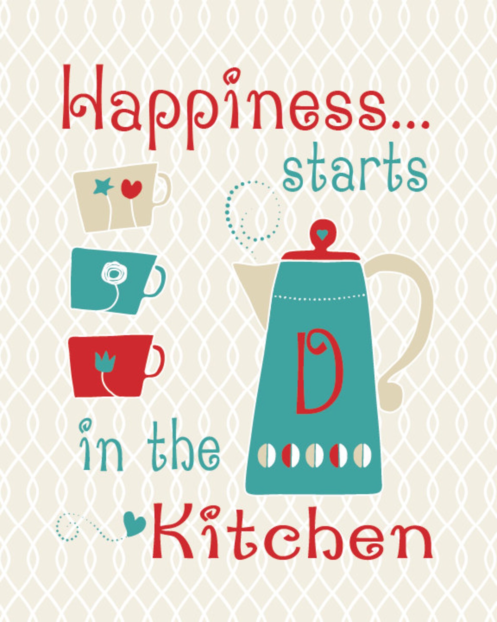 Happy Kitchen Art Prints - Personalized Modern Retro Wall Art Teal Red ...