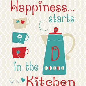 Happy Kitchen Art Prints - Personalized Modern Retro Wall Art Teal Red ...