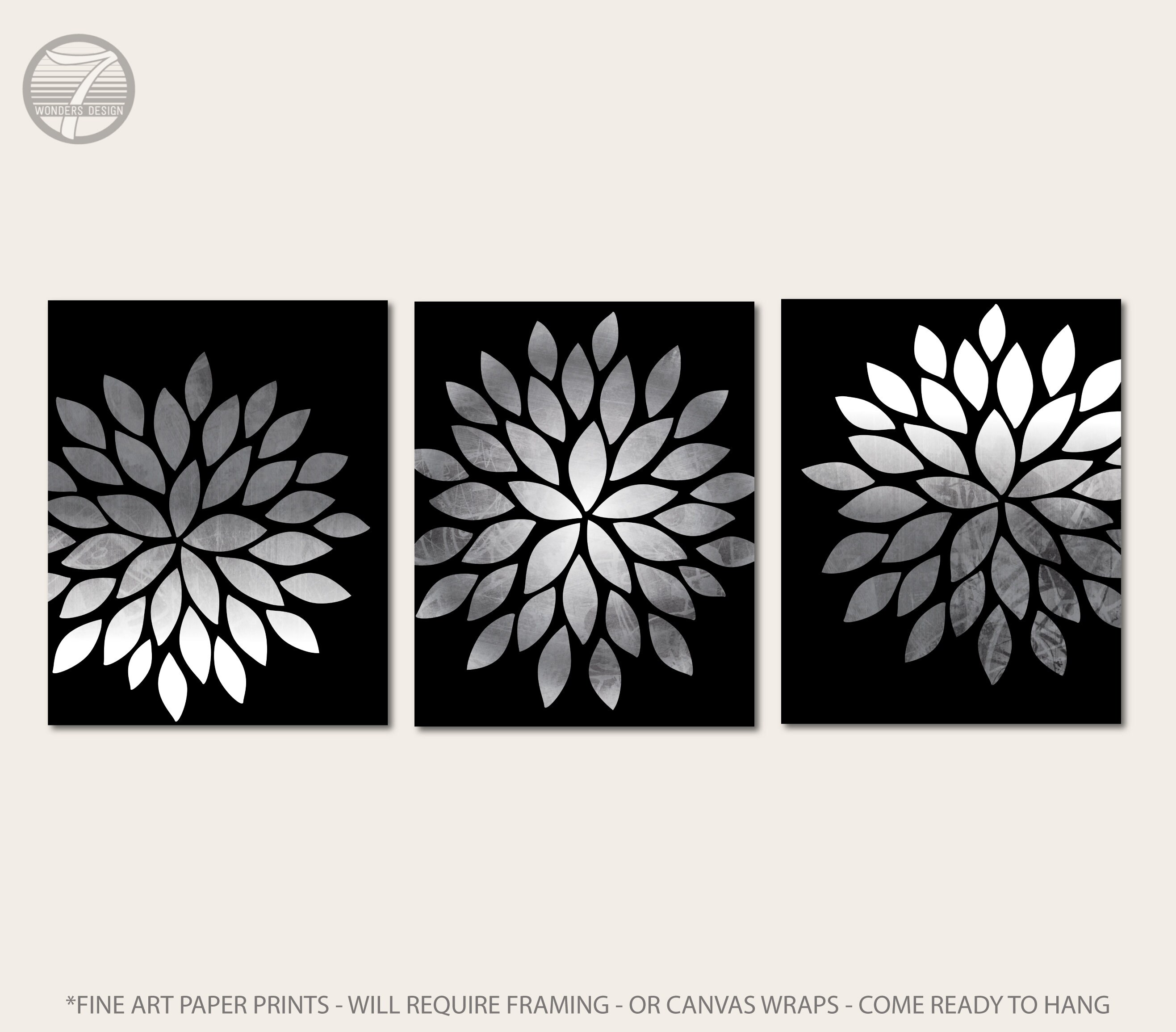 Modern Flower Burst Distressed Art Prints Fine Art Black Gray | Etsy