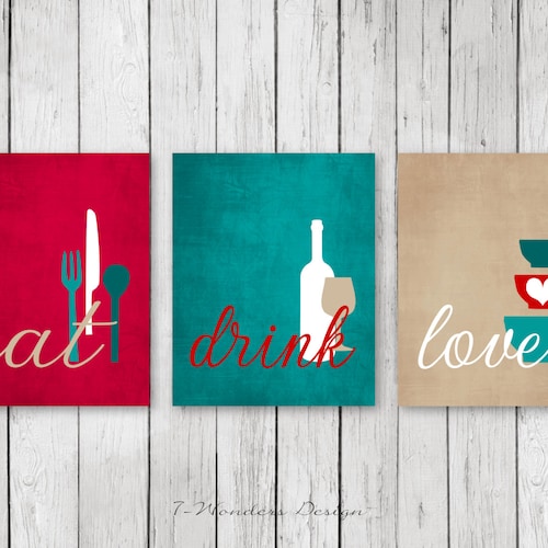 Kitchen Wall Art Print Set Eat Drink Love Flower Bursts - Etsy