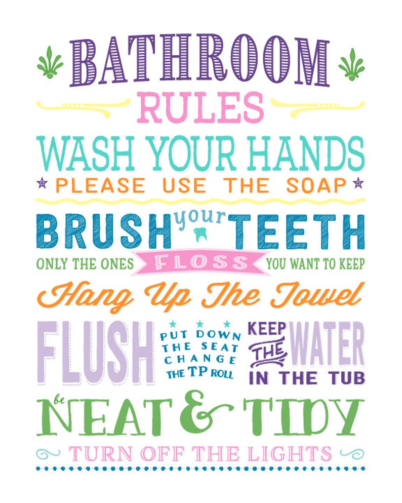 Girls Bathroom Art Prints Set of 5 Bathroom Rules Brush | Etsy