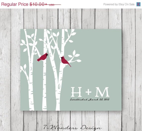 Couples Birch Tree Art Personalized Initials Cardinal Birds | Etsy