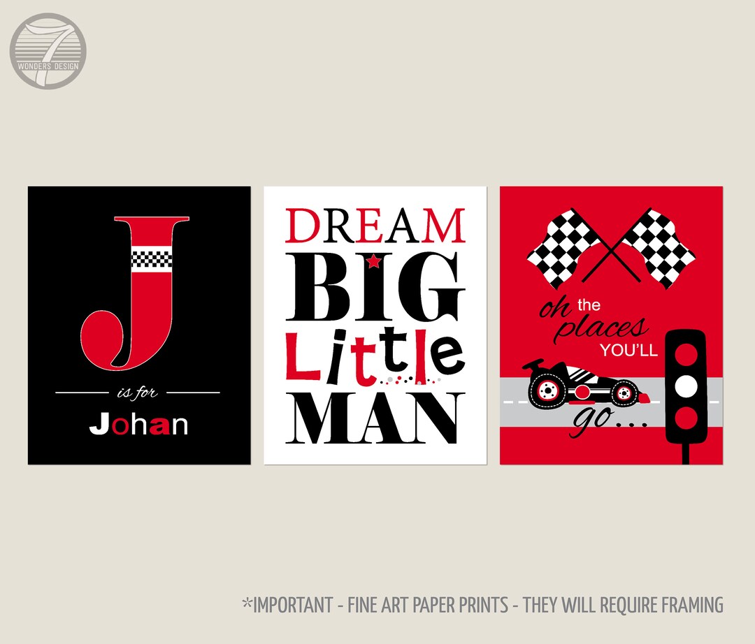 Boys Dream Big Little Man, Race Car Theme Wall Art Personalized Prints ...