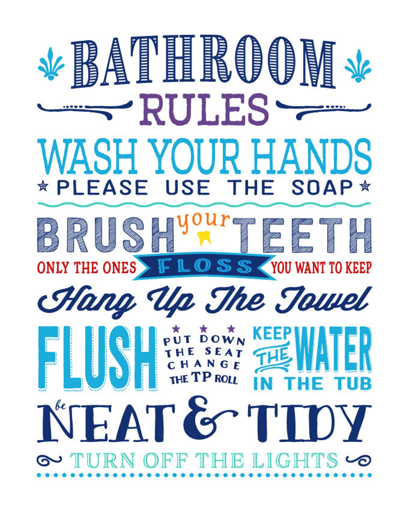Girls and Boys Bathroom Rules Art Prints Brush Wash Flush - Etsy