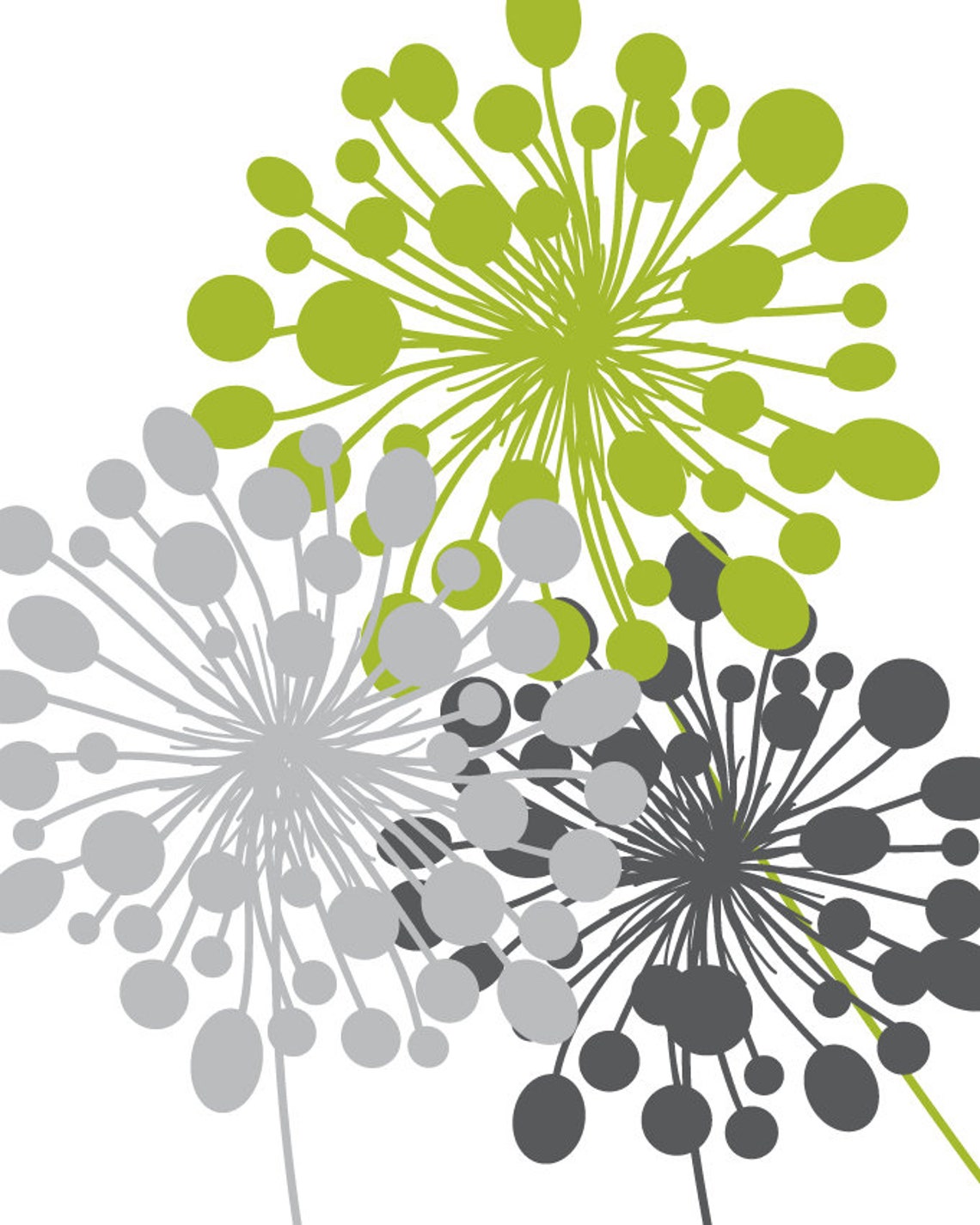 Abstract Floral Dandelion Art Prints Charcoal Grey Lime Modern | Etsy