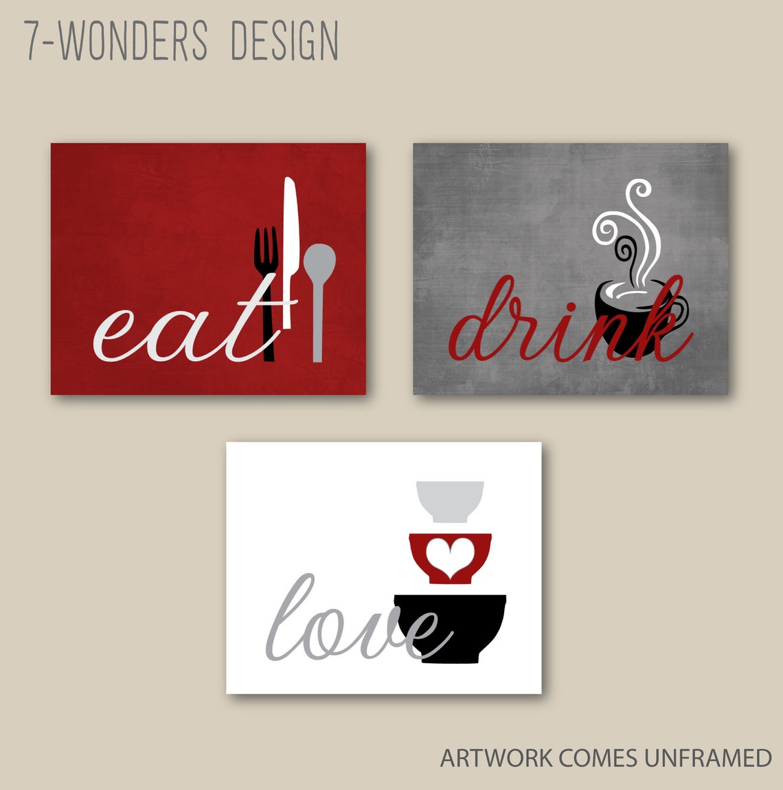 Kitchen Wall Art Print Set Eat Drink Love Barnyard Rustic Red - Etsy