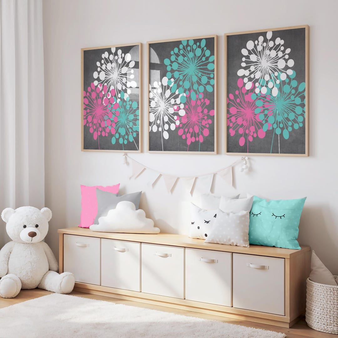Abstract Dandelion Art Print Pink Aqua Grey, Nursery Wall Art, Girls ...