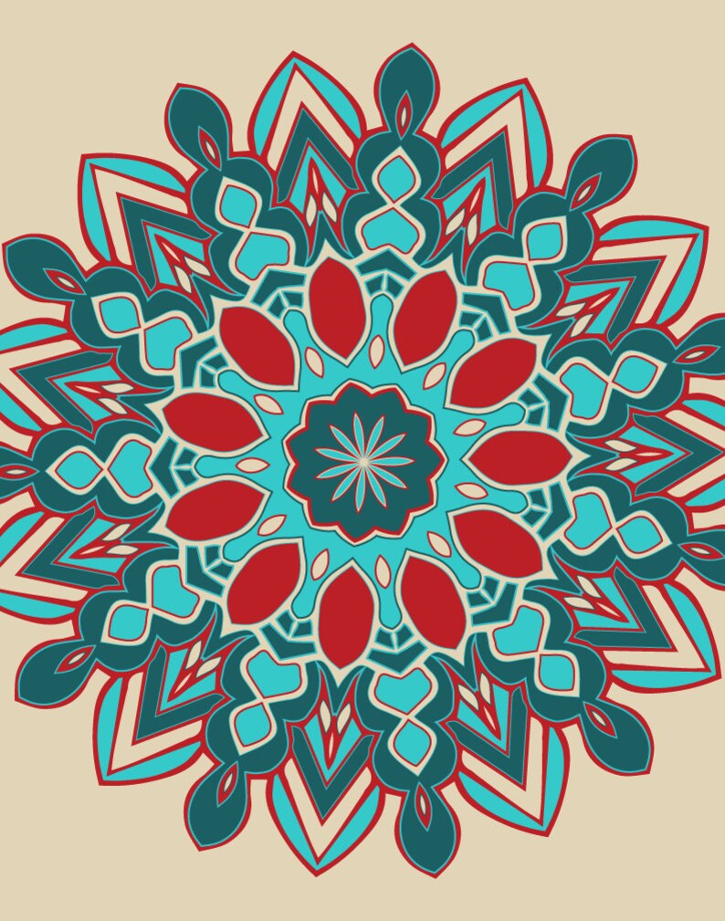 Red Turquoise Tan Mandala Flower Art Prints, Floral Geometric Wall Art ...