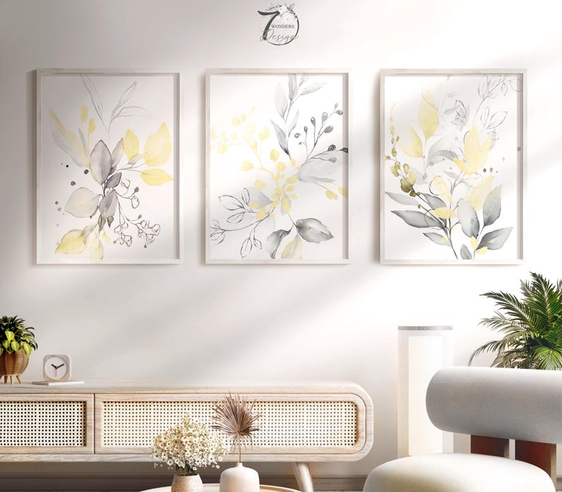 Butter Yellow Print, Gray Watercolor Flower Wall Art Botanical Neutral ...