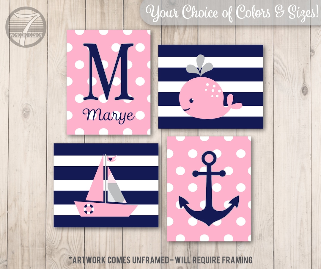 Girls Cute Nautical Navy Pink Nursery Bedroom Art Set, Personalized ...