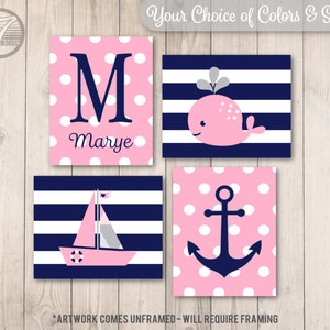 Girls Cute Nautical Navy Pink Nursery Bedroom Art Set, Personalized ...
