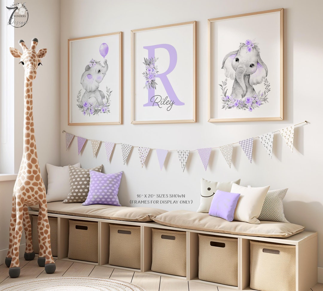 Girls Purple Grey Elephants Watercolor Nursery Name Initial Monogram ...