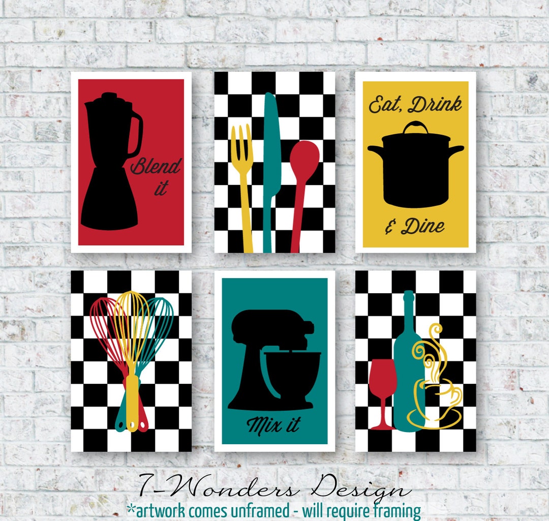 Retro Kitchen Wall Art Prints Eat Drink Dine Blend It Mix It Black ...