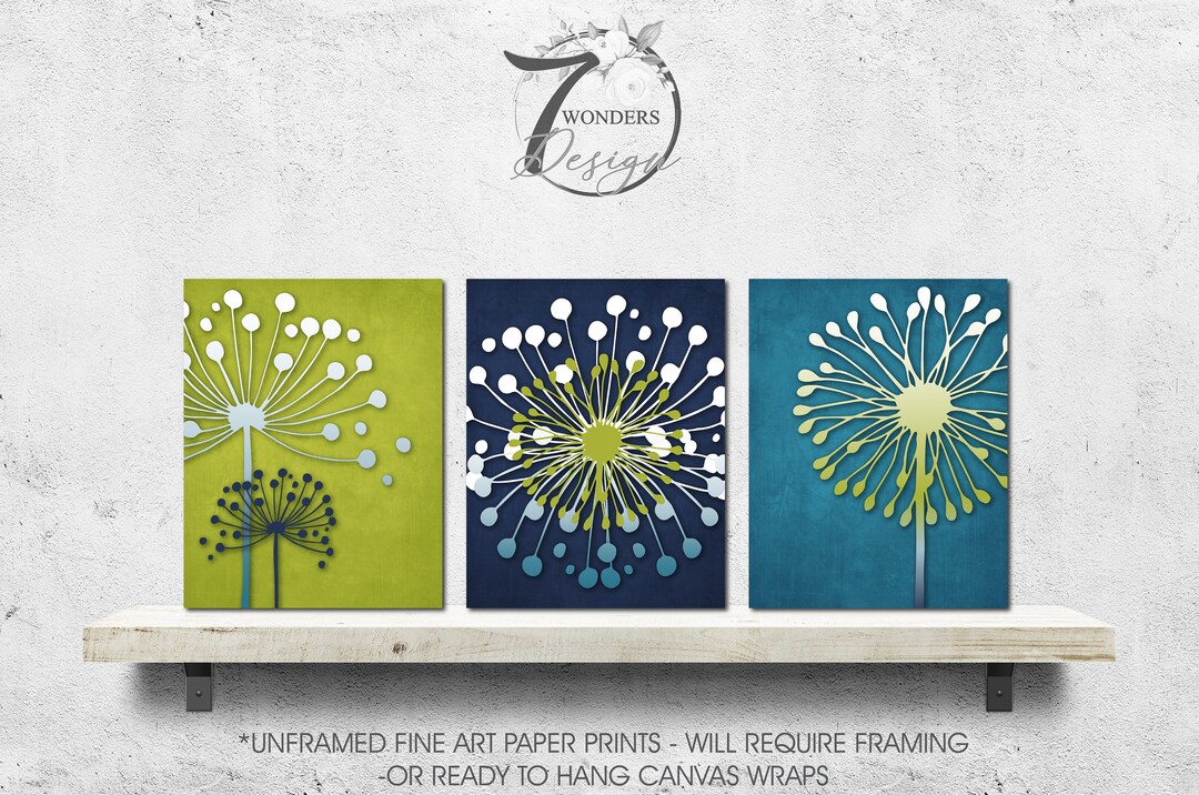Navy Blue Lime Abstract Floral Dandelion Art Prints Modern Flower ...