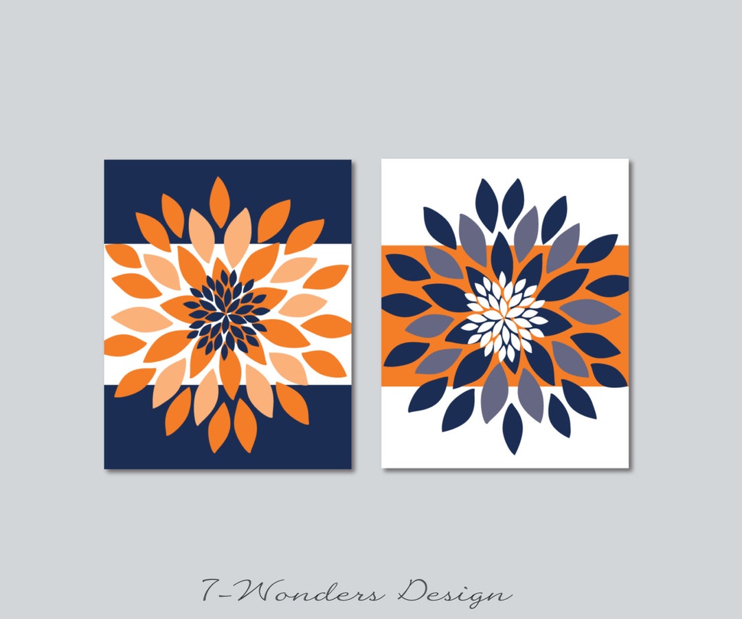 Floral Bursts Bold Stripes Wall Art Prints Modern Flower Decor, Orange ...
