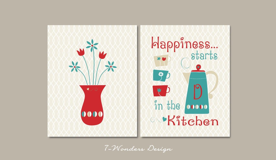 Happy Kitchen Art Prints - Personalized Modern Retro Wall Art Teal Red ...
