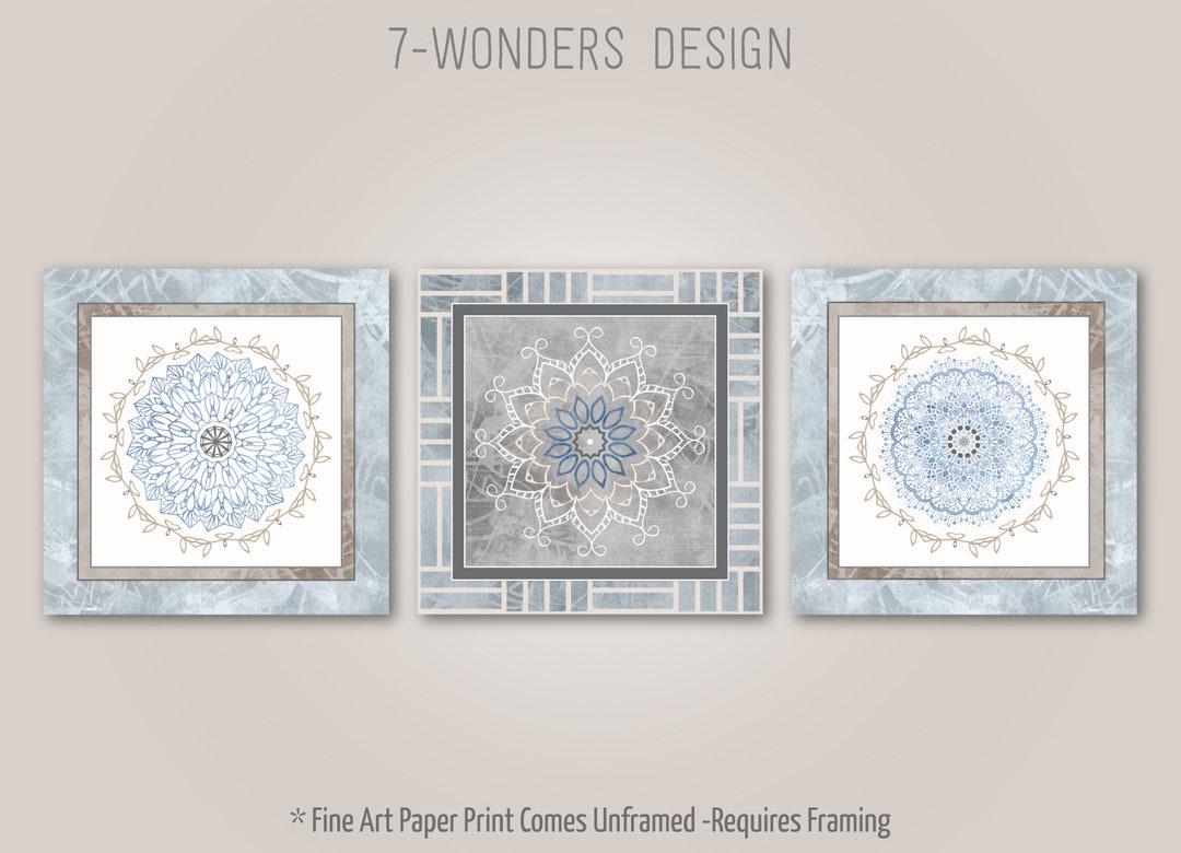 Blue Mandala Square Art Prints Distressed Neutral Duck Egg Watercolor ...
