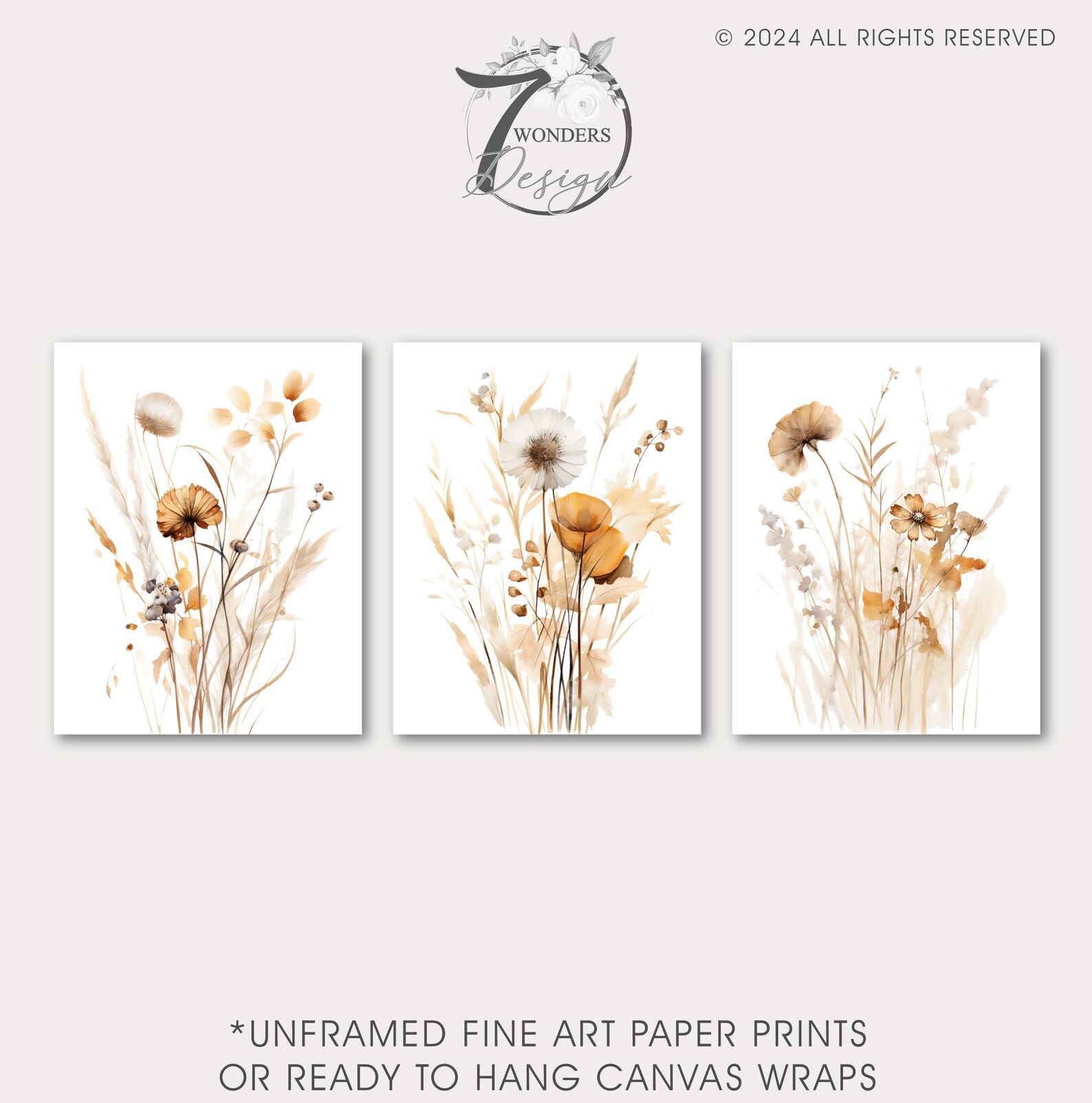 Fall Autumn Watercolor Wildflower Wall Art Prints, Boho Farmhouse ...