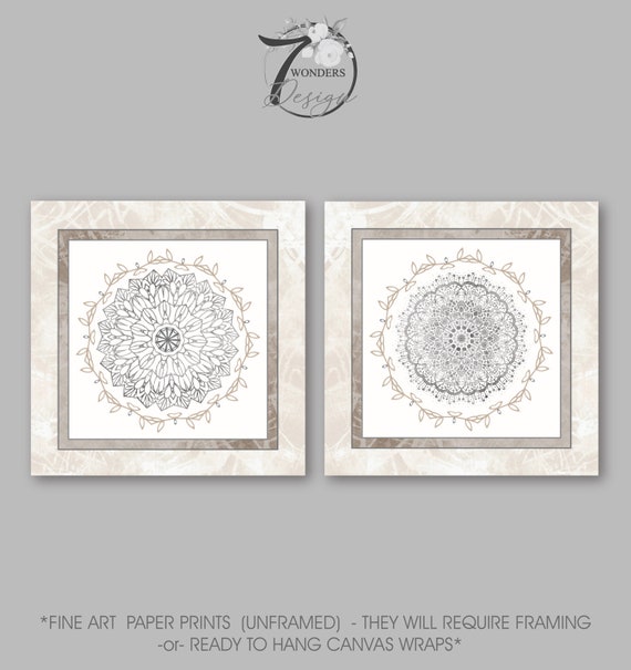 Calming Mandala Art Square Art Set of 2 // Distressed Neutral | Etsy