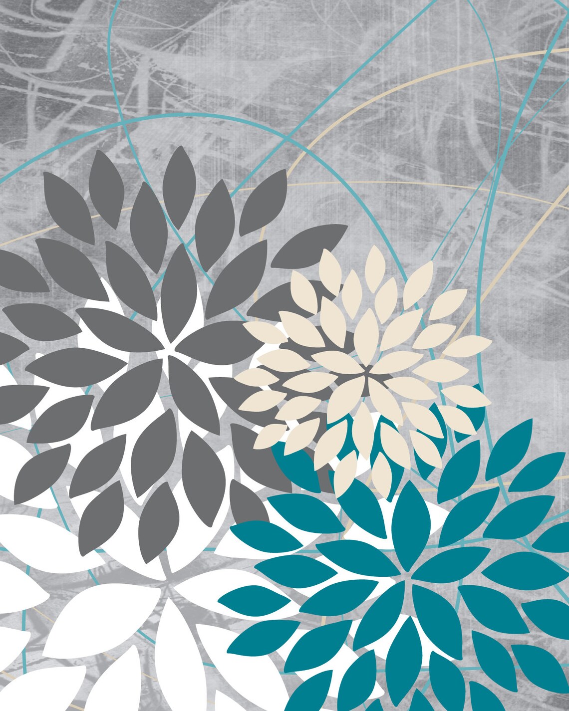 Floral Bursts Distressed Texture Wall Art Prints, Sea Blue, Gray, White ...