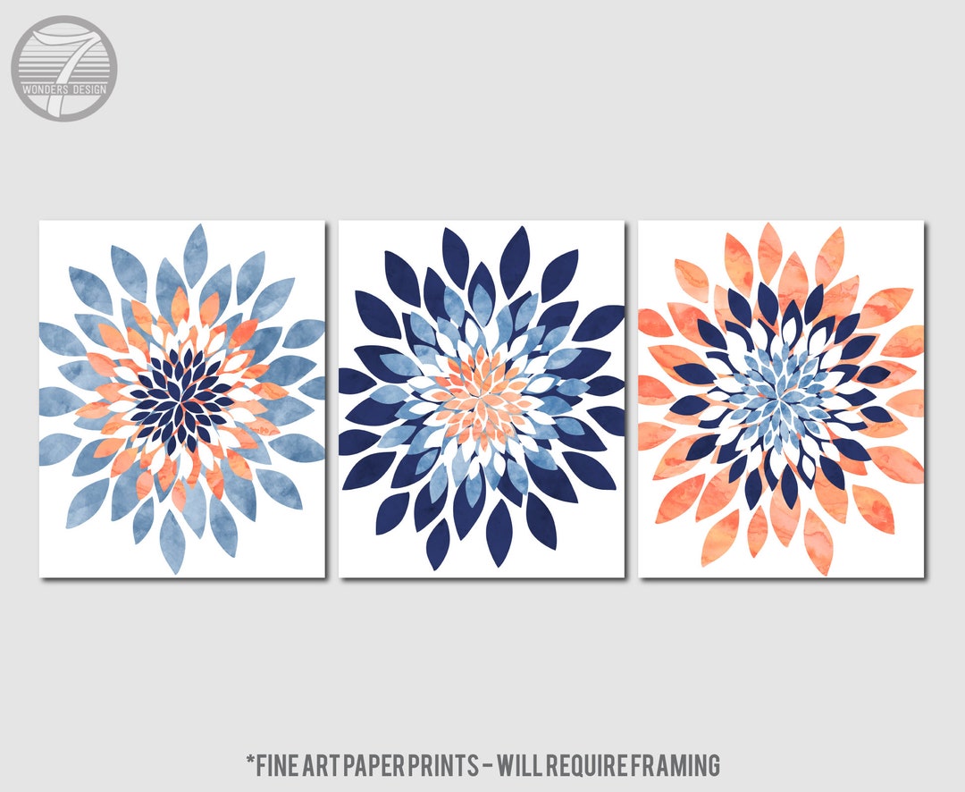 Modern Watercolor Flower Bursts Artwork, Coral Navy Cottage Blue, Fine ...