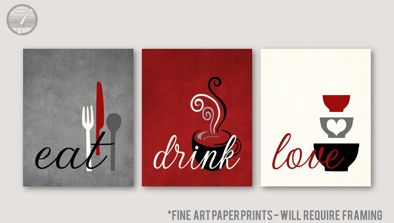 Kitchen Wall Art Print Set Eat Drink Love Rustic Red Grey - Etsy