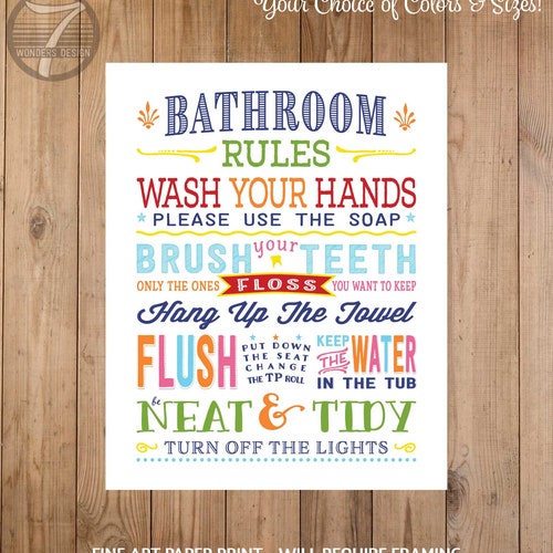 Kids Boy Girl Bathroom Rules Art Pre-teen Bold Colors - Etsy