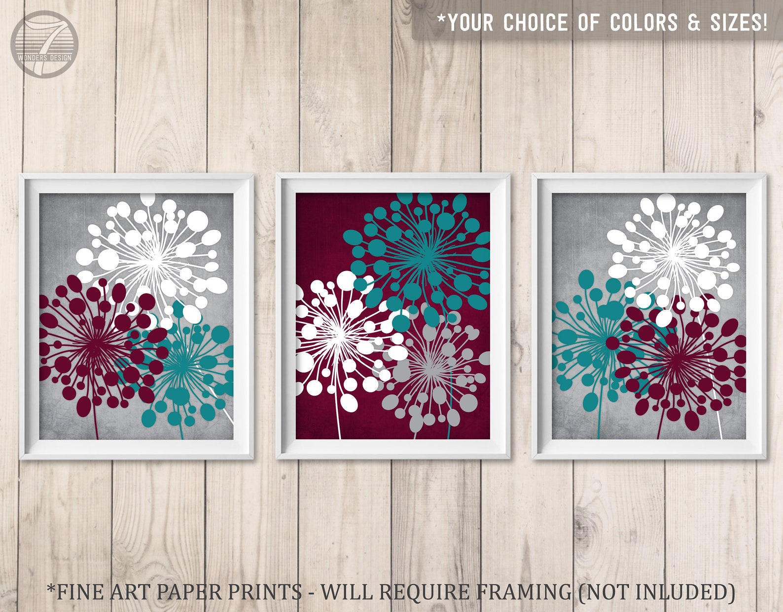 Dandelion Abstract Wall Art Prints Maroon Teal Grey Modern - Etsy