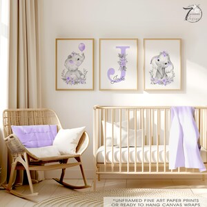 Girls Purple Grey Elephants Watercolor Nursery Name Initial Monogram ...