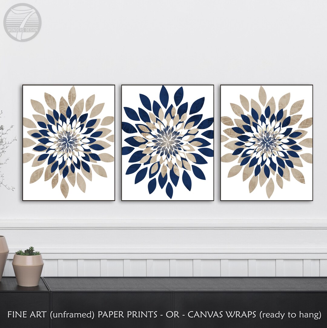 Modern Flower Bursts Neutral Colors Fine Art Prints Navy Sepia Beige ...