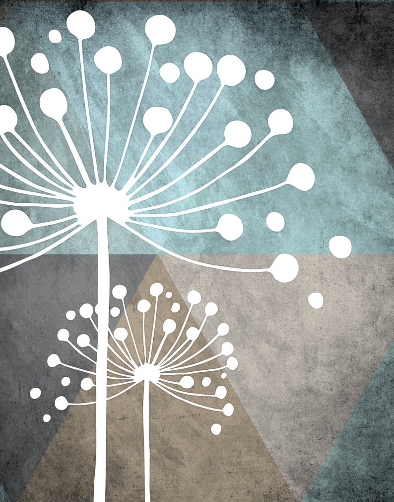 Abstract Floral Dandelion Art Prints Mute Blue, Gray, Beige Modern ...