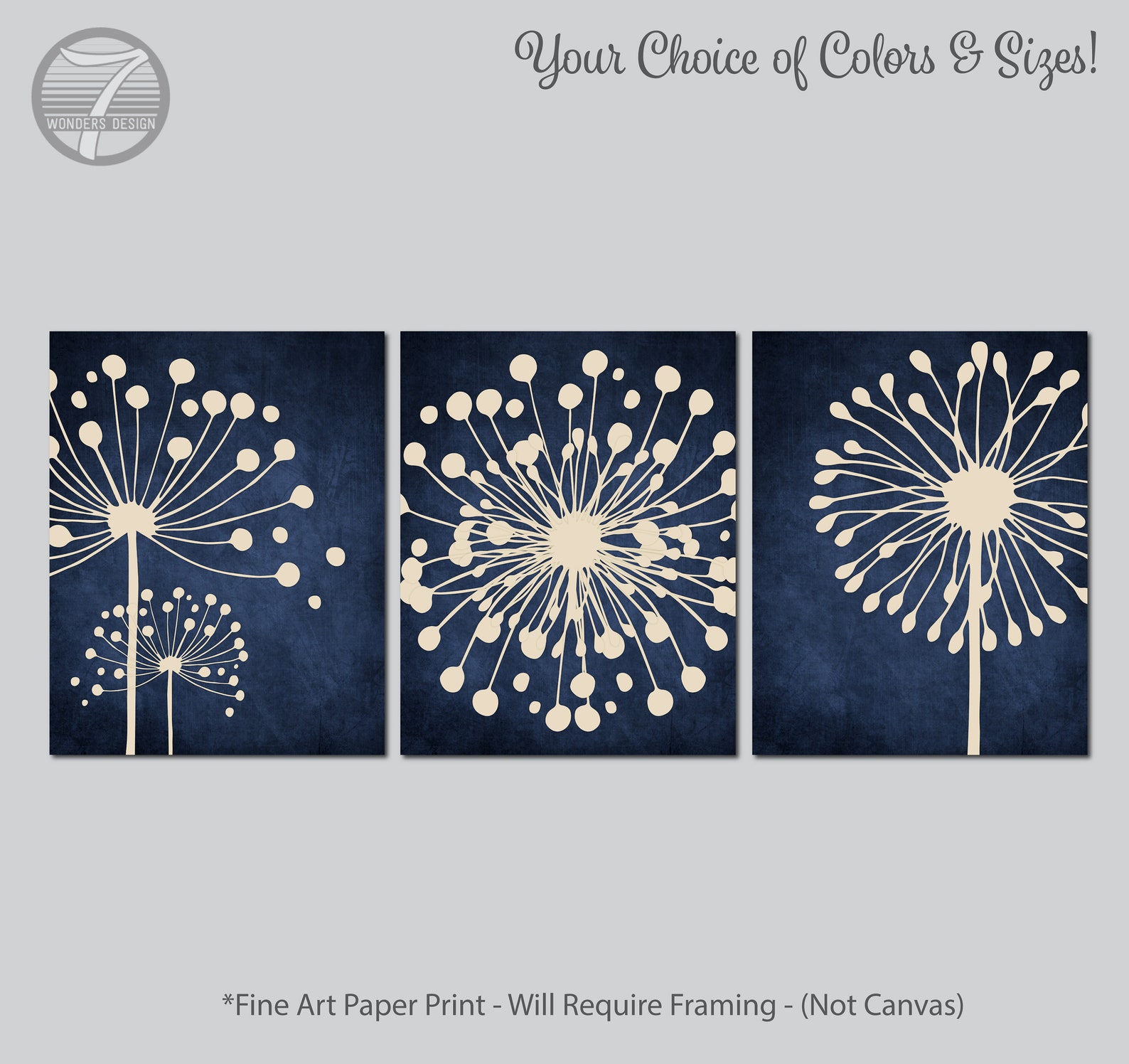 Navy Blue Sand Abstract Floral Dandelion Art Prints Modern | Etsy