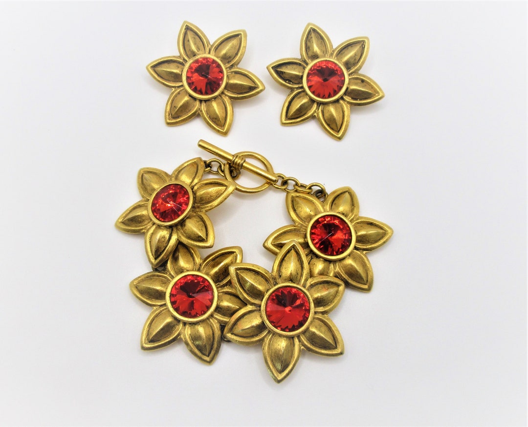 Vintage 1980s David Dubin NR Rare Siam Swarovski Rivoli Floral Link ...